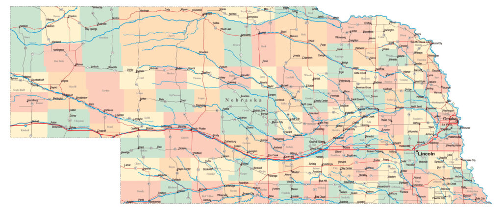 Laminated Map Large Administrative Map Of Nebraska State With Roads ...