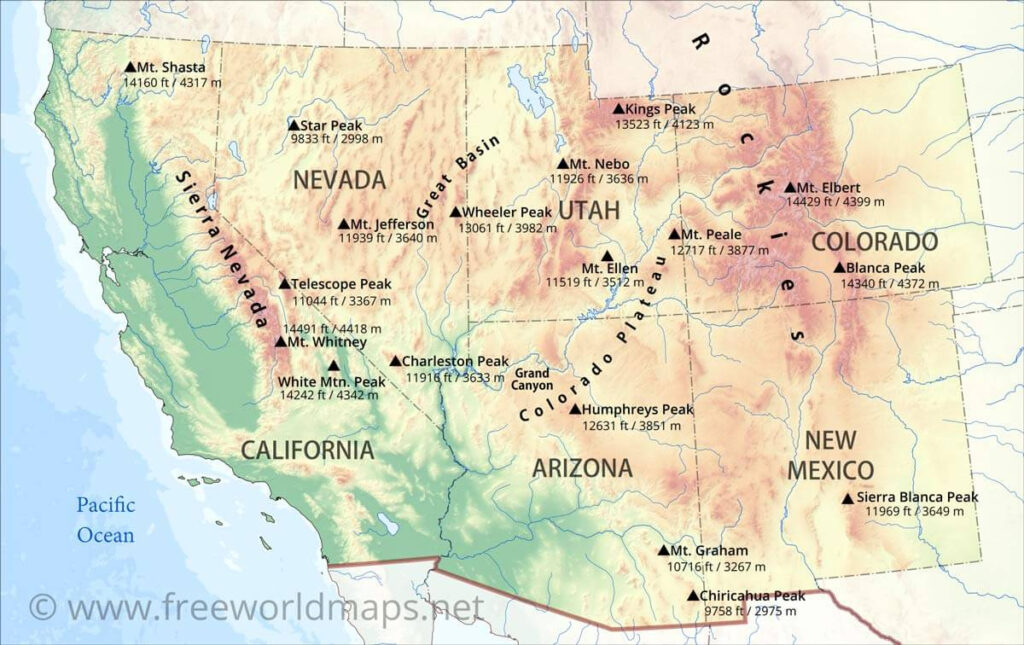 Southwestern US Physical Map | Printable Map Of USA
