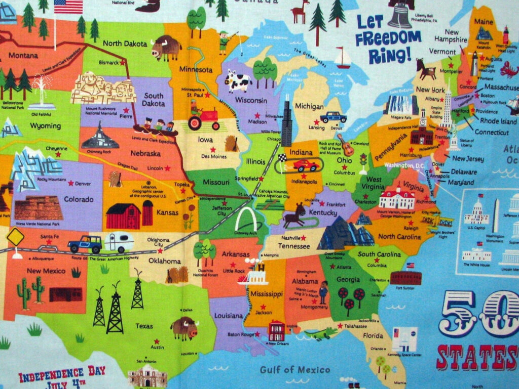 United States Map Panel 50 States Landmarks Tourist Sites | Printable ...