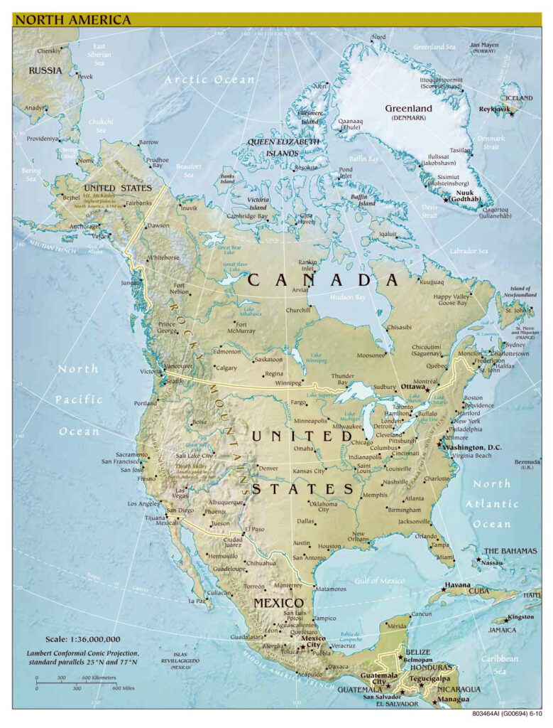 Large Scale Political Map Of North America With Relief Major Cities ...