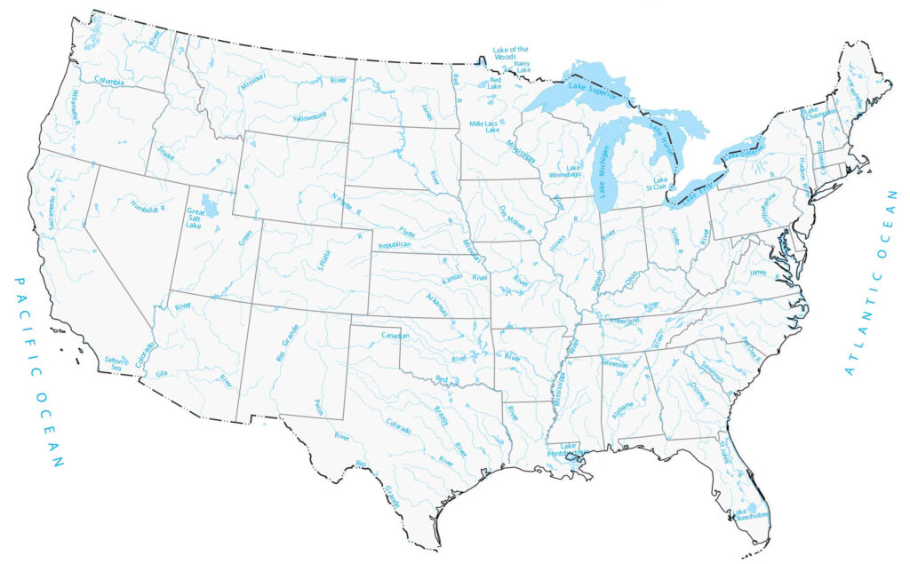 Lakes And Rivers Map Of The United States - Gis Geography Inside ...